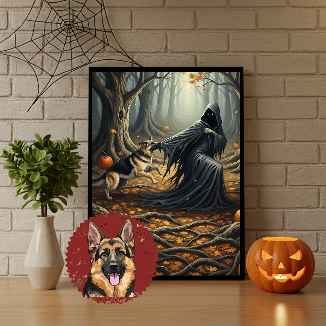 Funny German Shepperd Halloween Wall Art Print, Ghost Dark Academia ...
