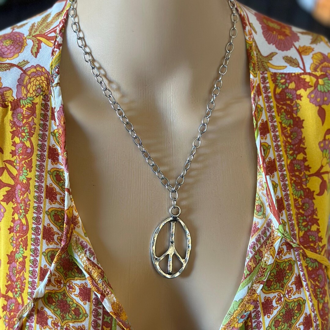 Peace Sign Silver Chain Statement Necklace - Etsy