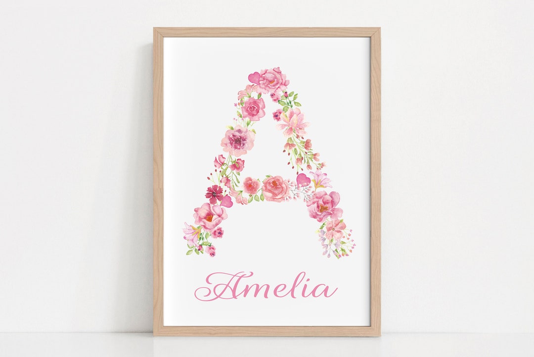 Girls Pink Floral Watercolour Initial Name Print, Bedroom Decor - Etsy