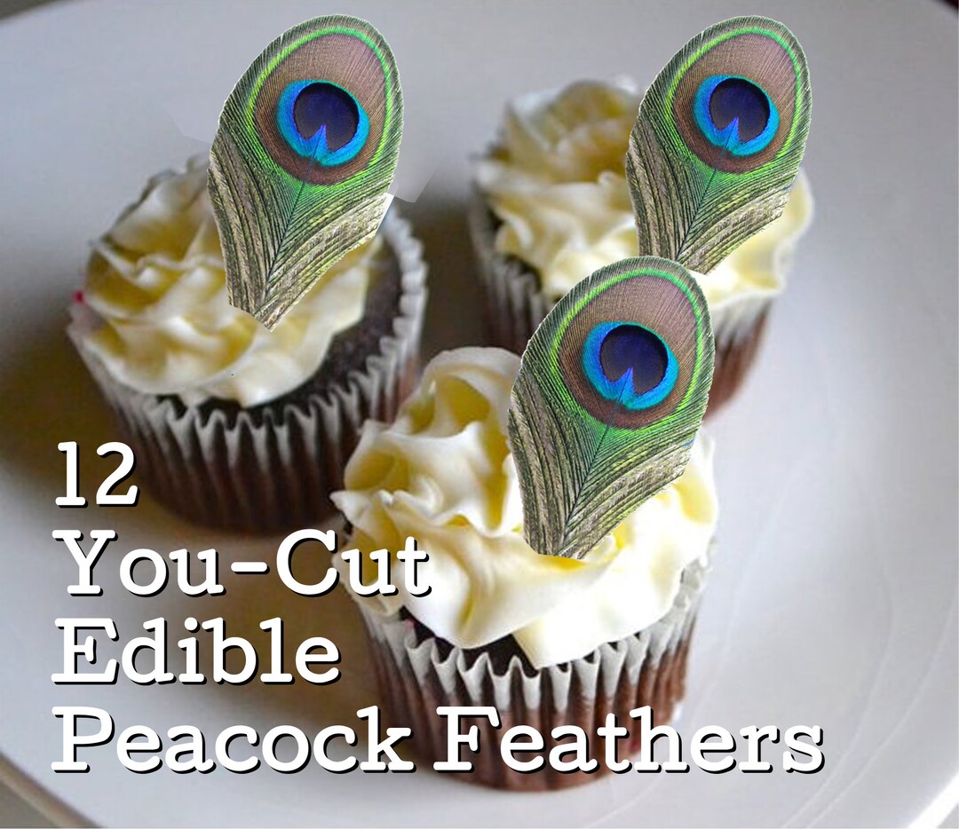 Wafer Paper Peacock Feather Cake Toppers, 12 You-cut Edible Peacock ...
