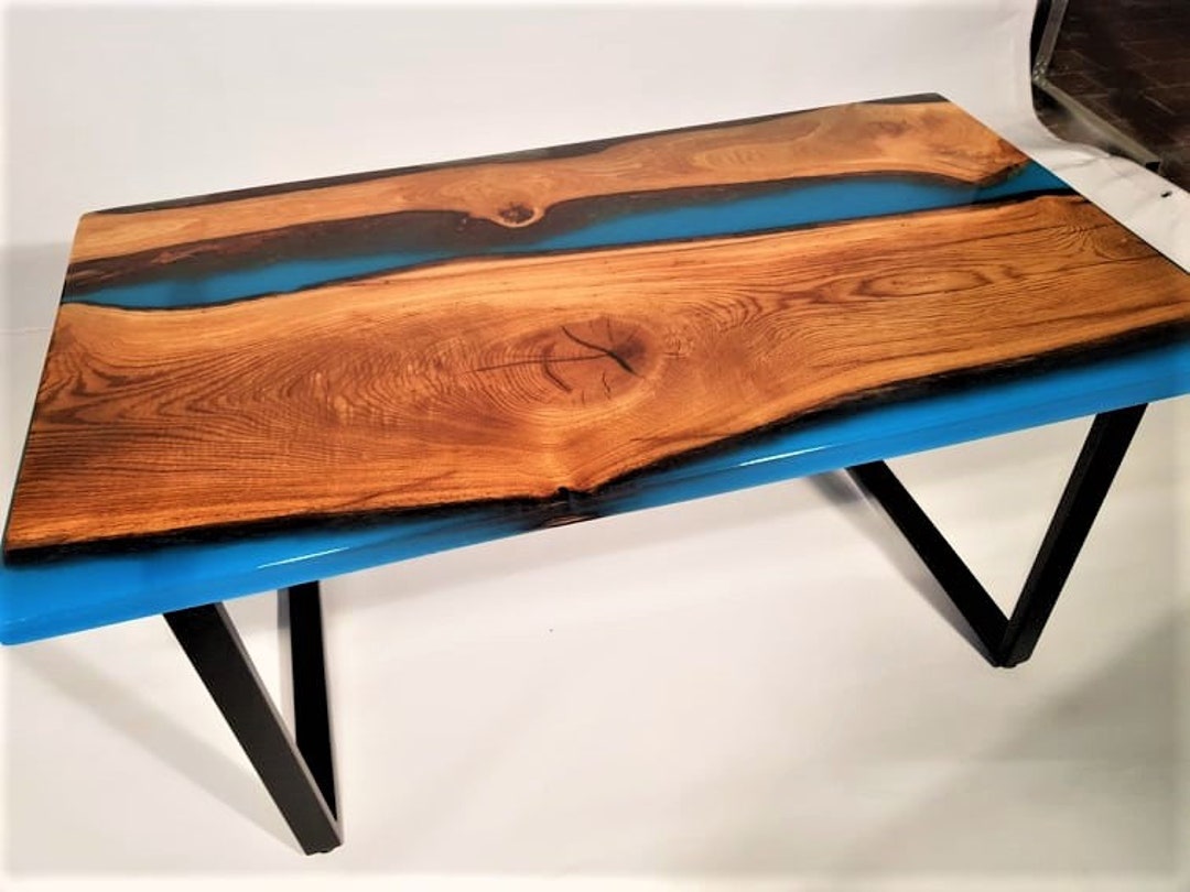 Modern Blue Ocean Wooden Table With Resin, Home Office Decorative ...