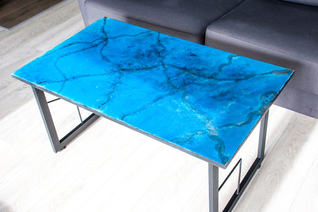 Blue Faux Marble Epoxy Table ''fovo'', Coffee Tea End Table for Living ...