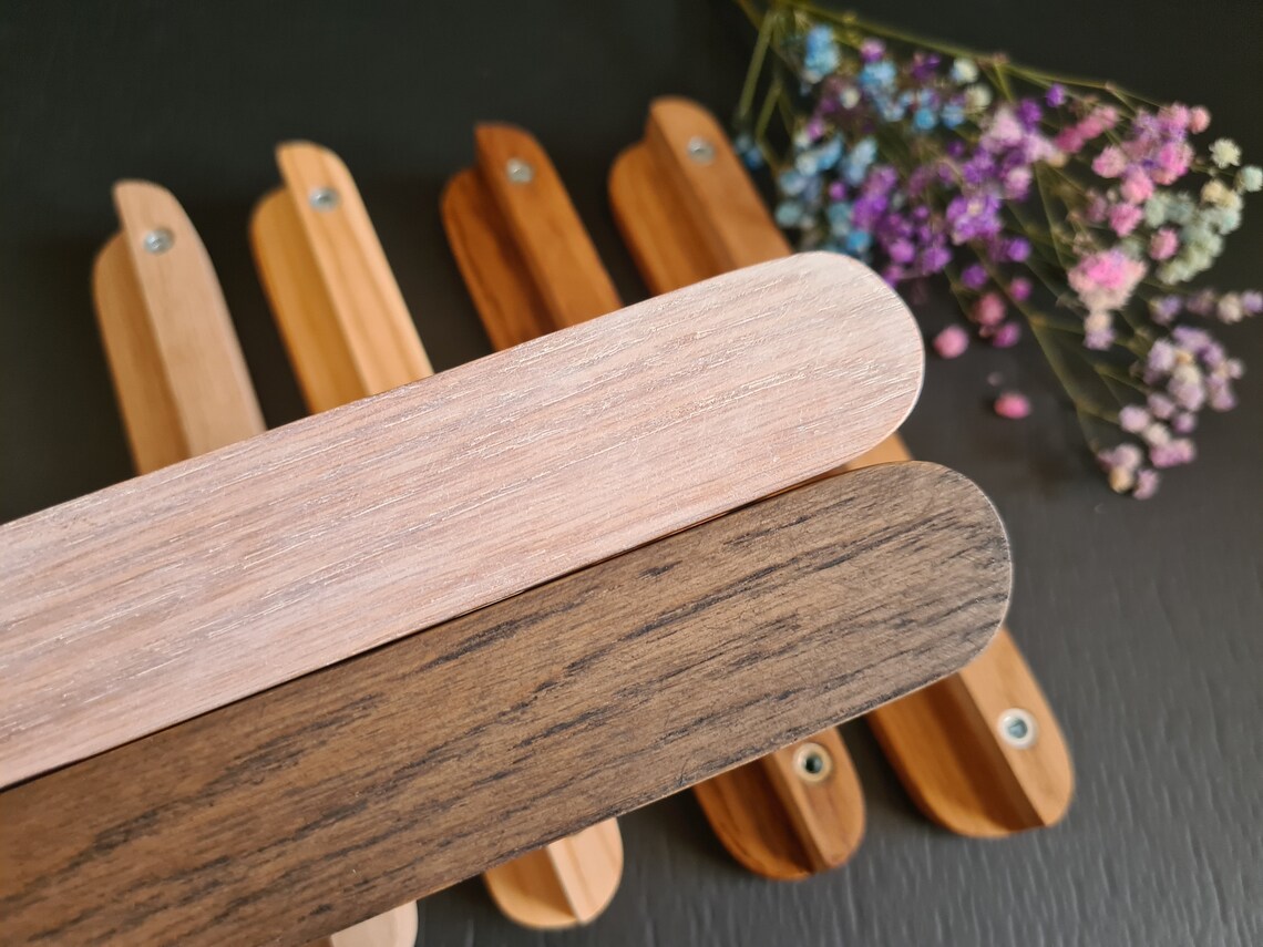 Long Rounded Ends Wood Handles, Oak Industrial Pulls, Mid Century ...