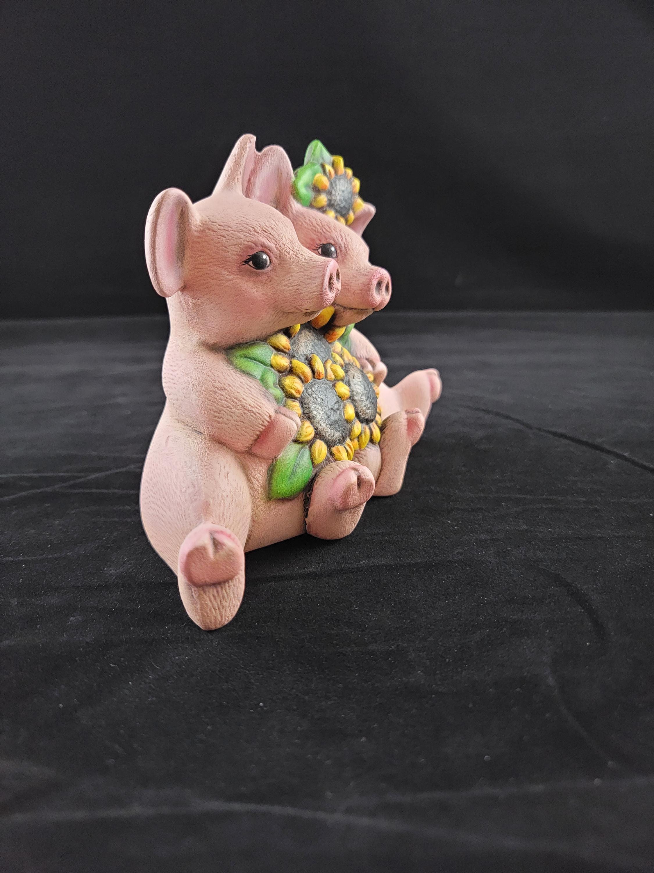 Ceramic Pig Couple Figurine Holding Sunflowers, Hand Painted Rustic ...