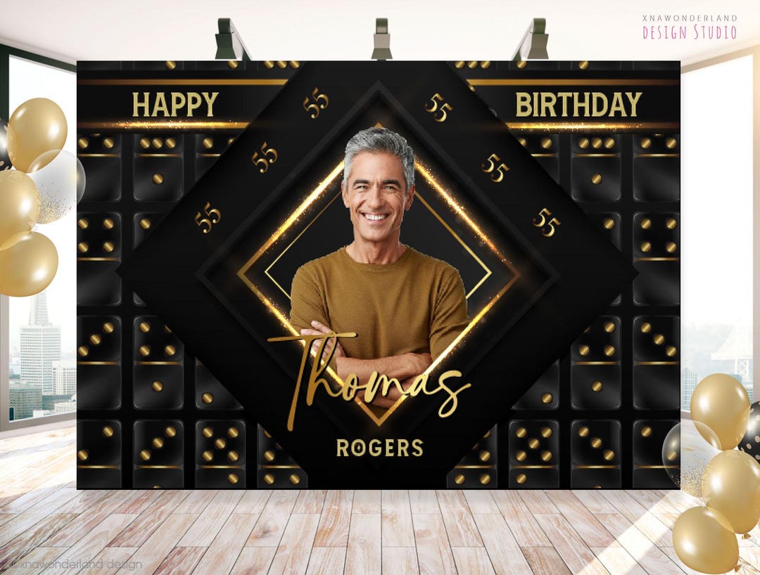 Black Gold Domino Birthday Backdrop, Dominos Party Banner, Domino ...