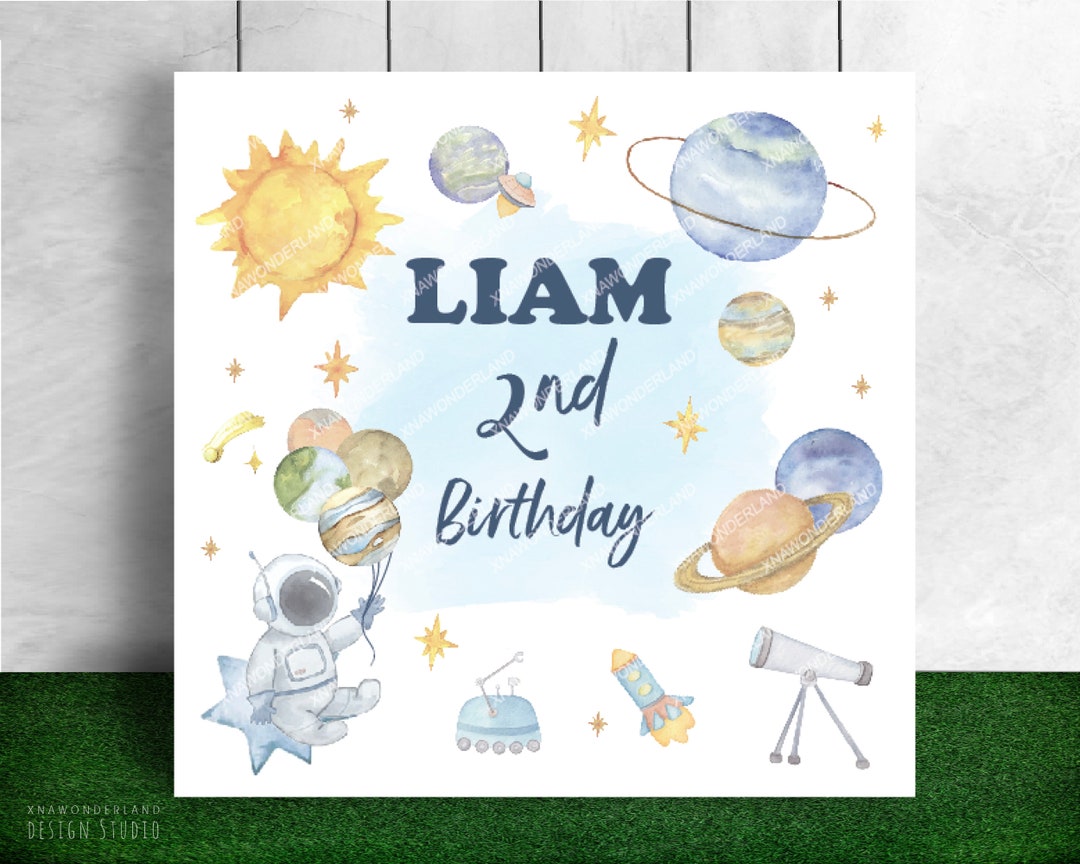Watercolor Astronaut Outer Space Birthday Backdrop, 1st Trip Around Sun ...