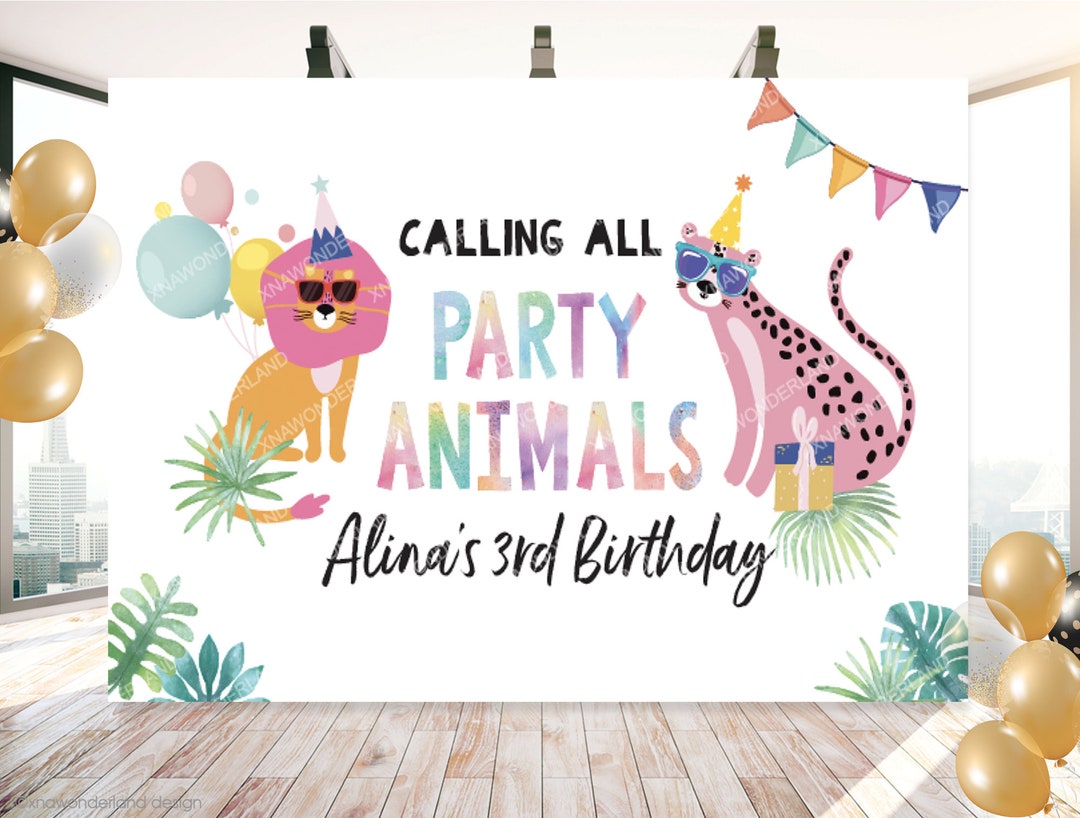 Mod Party Animals Birthday Backdrop, Custom Backdrop, Safari Animals ...