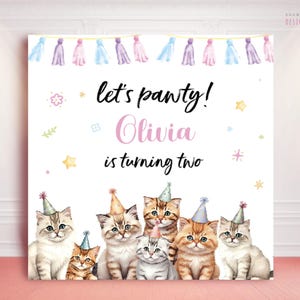 Cat Themed Birthday Backdrop, Pink Cat Birthday Party Banner, Girl ...