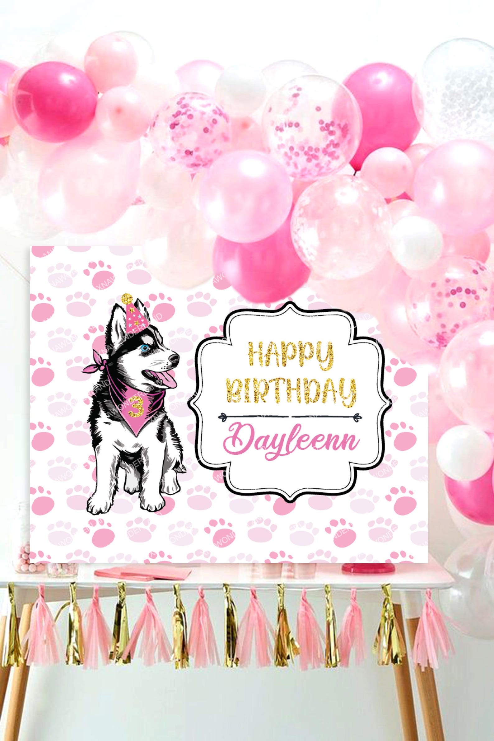 Custom Dog Birthday Backdrop, Pink Husky Girl Birthday, Personalized ...