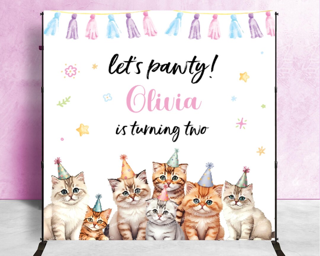 Cat Themed Birthday Backdrop, Pink Cat Birthday Party Banner, Girl ...
