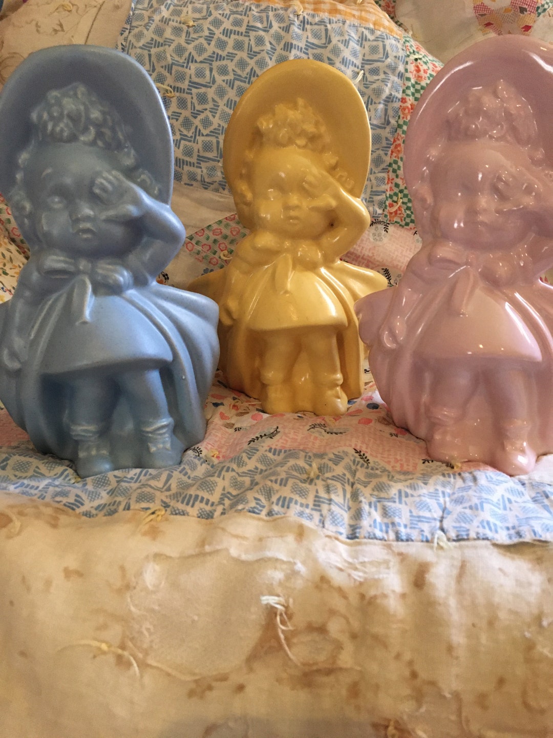 Vintage Haeger Pottery Planter Pink Blue Little Girl Curly Hair Bonnet ...