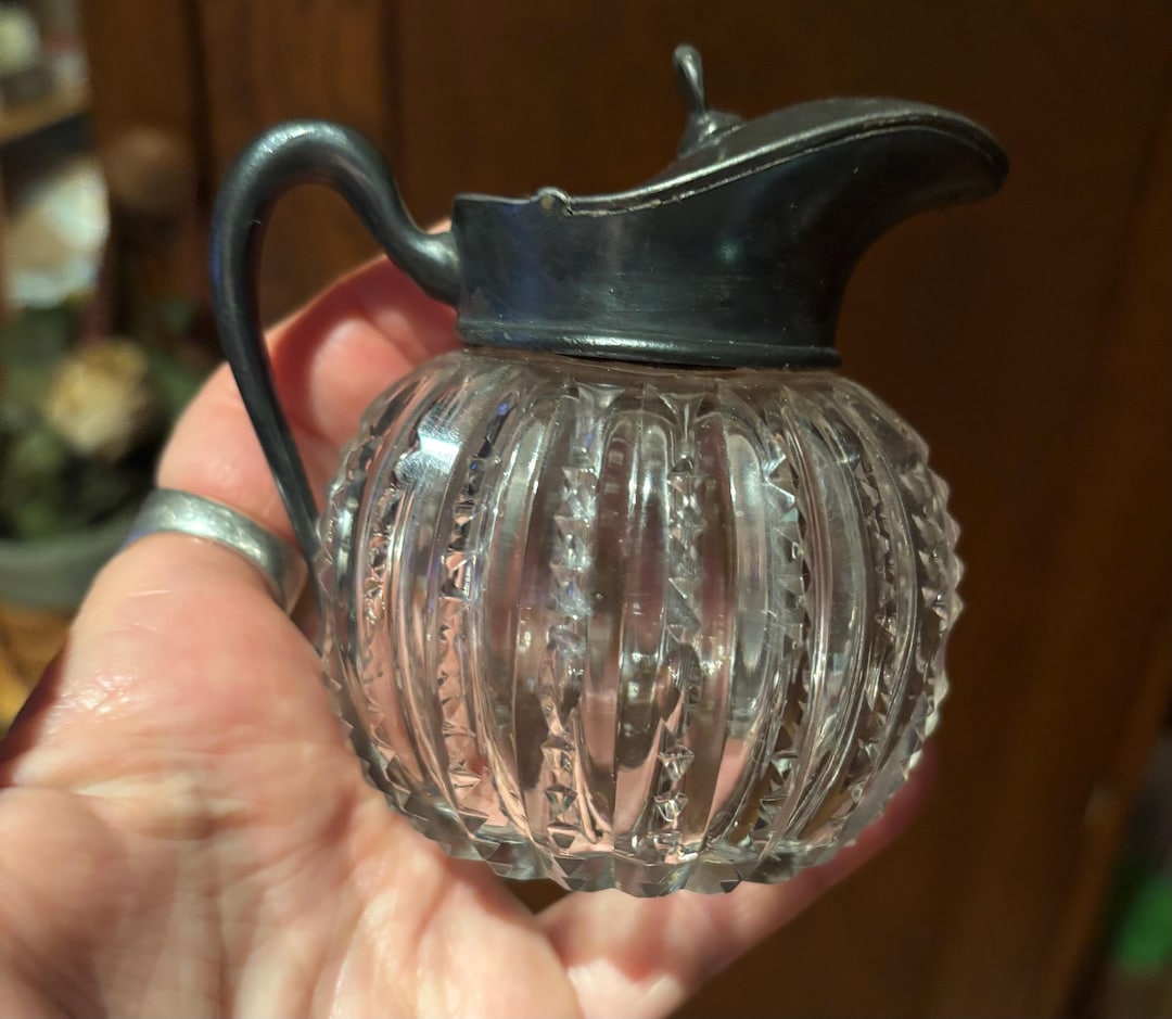 American Brilliant Cut Glass Syrup Pitcher Creamer Zipper Cut Pewter ...