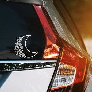 Moon With Flowers Vinyl Decal, Moon Car Window Sticker, Floral Crescent ...