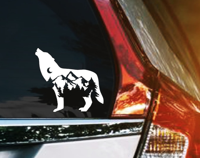 Howling Wolf Vinyl Decal, Wolf W/ Mountains & Trees Car Window Sticker ...