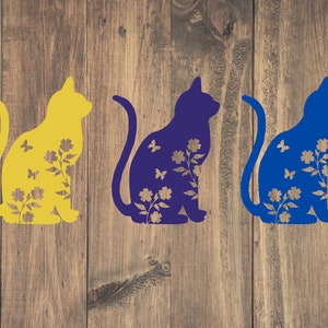 Cat With Butterflies and Flowers Vinyl Decal, Gifts for Cat Lovers ...