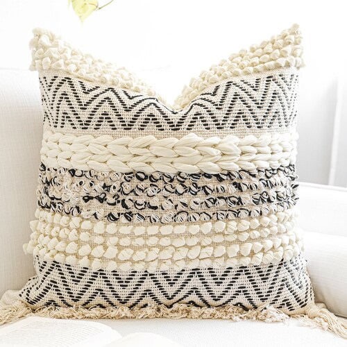 Boho Throw Pillow Cover Bohemian Pillow With Tassels Black & - Etsy