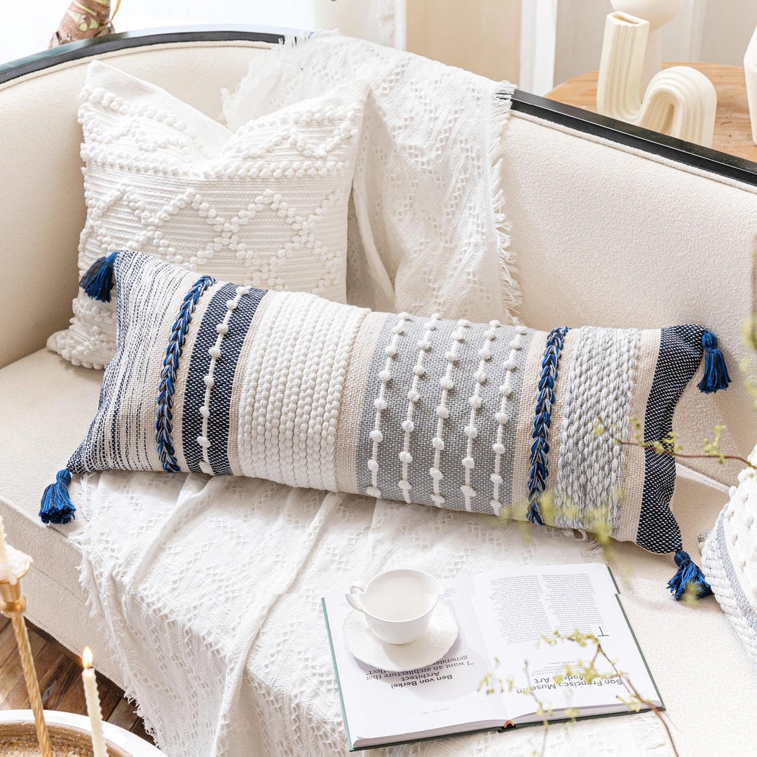 Dark Blue Decorative Long Throw Pillow 14x36 for Bed, Boho Accent ...