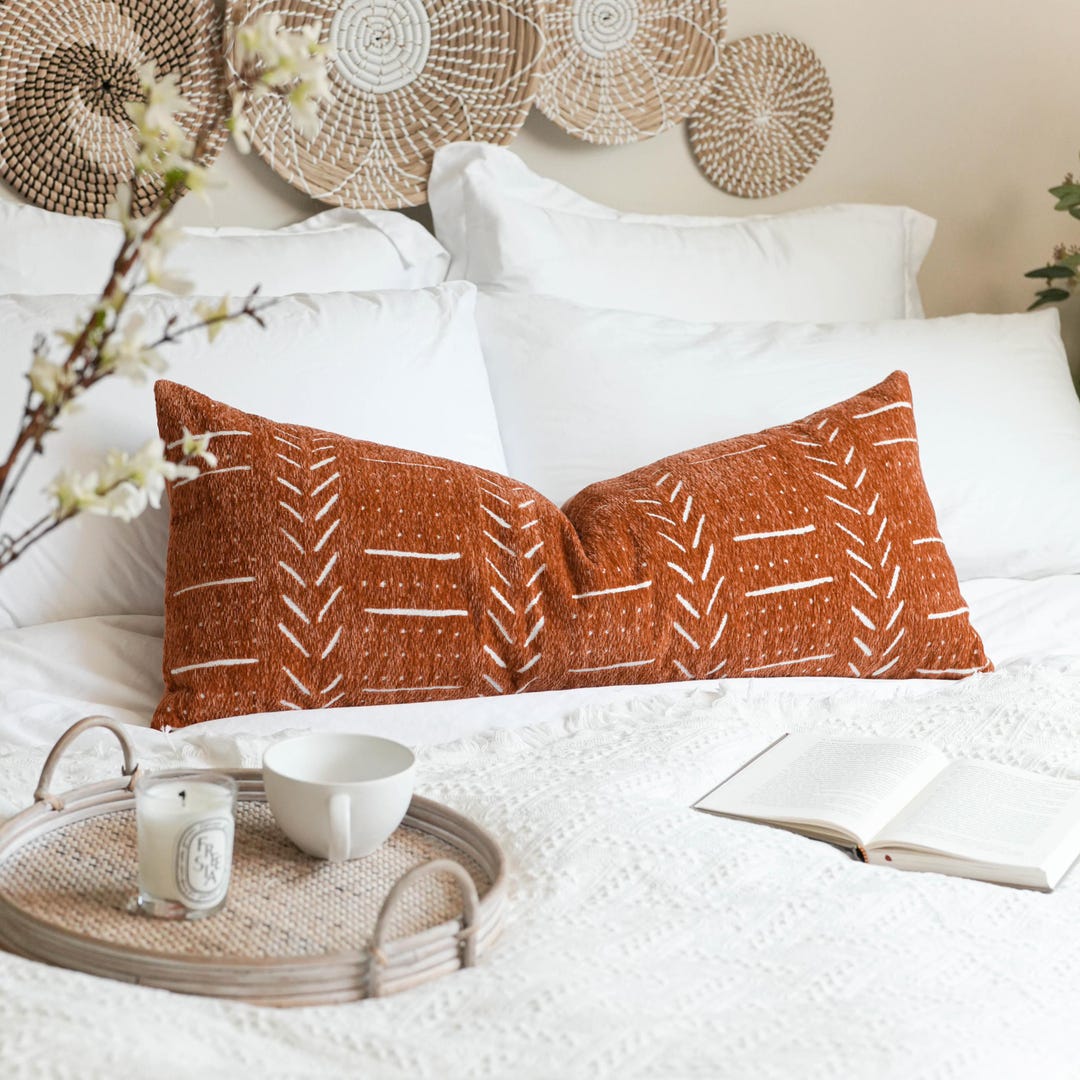 Brick Red Boho Lumbar Throw Pillow Cover 14X36, Decorative Long Accent ...