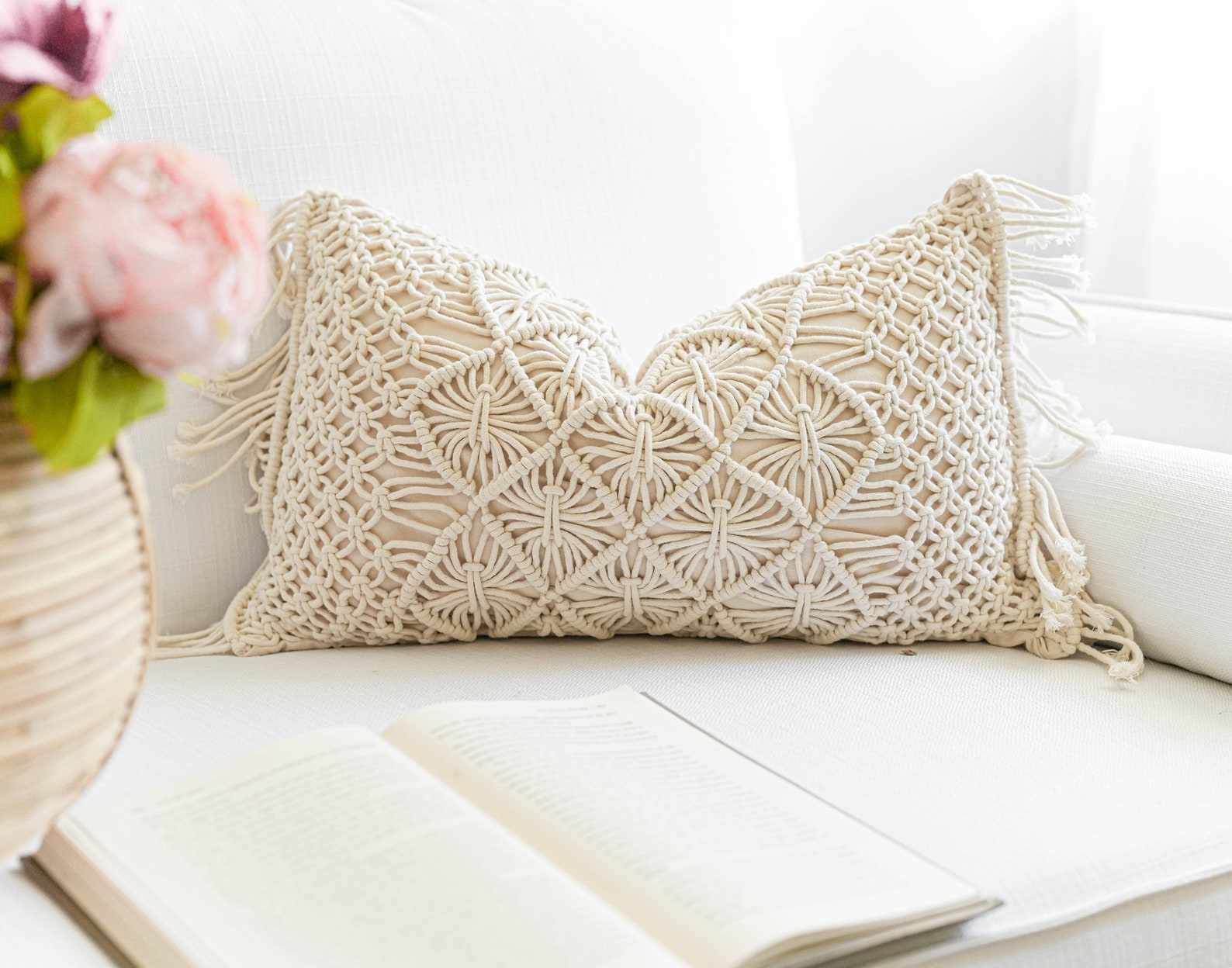 Cream Macrame Woven Lumbar Pillow Cover Boho Woven Throw - Etsy