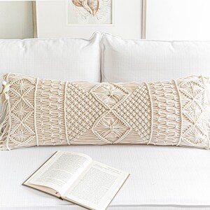 Beige Cream Macrame Lumbar Pillow Cover 14X36 Inch, Bohemian Body Pillow Cover, Long Pillow for ...