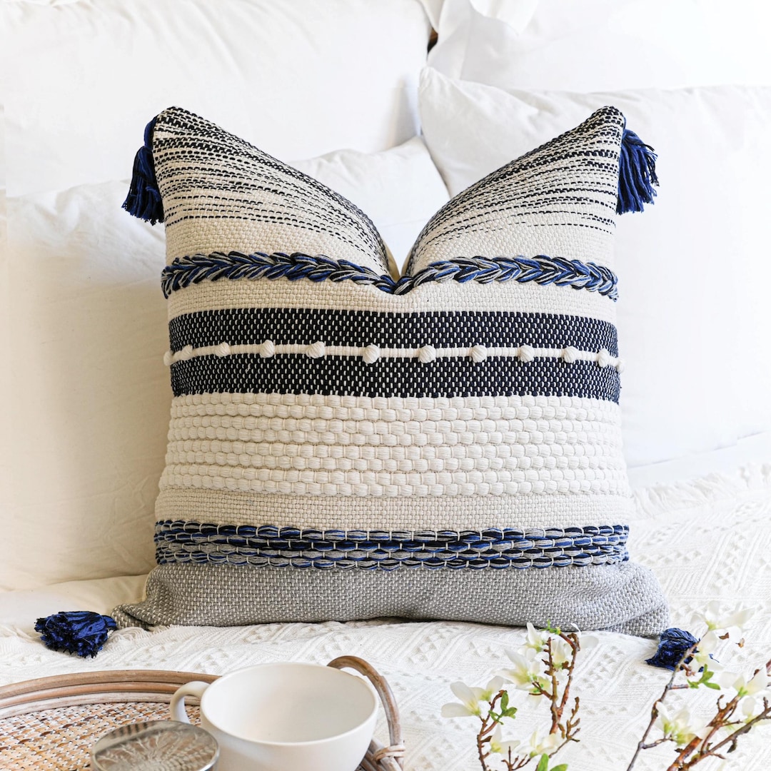 Dark Blue Handmade Decorative Throw Pillow, Boho Accent Throw Pillow ...