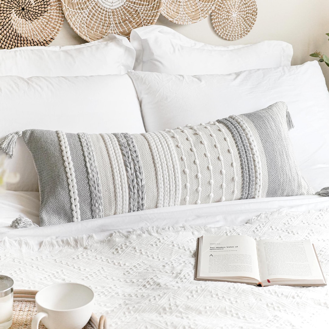 Gray Decorative Long Throw Pillow 14x36 for Bed, Boho Accent Lumbar ...