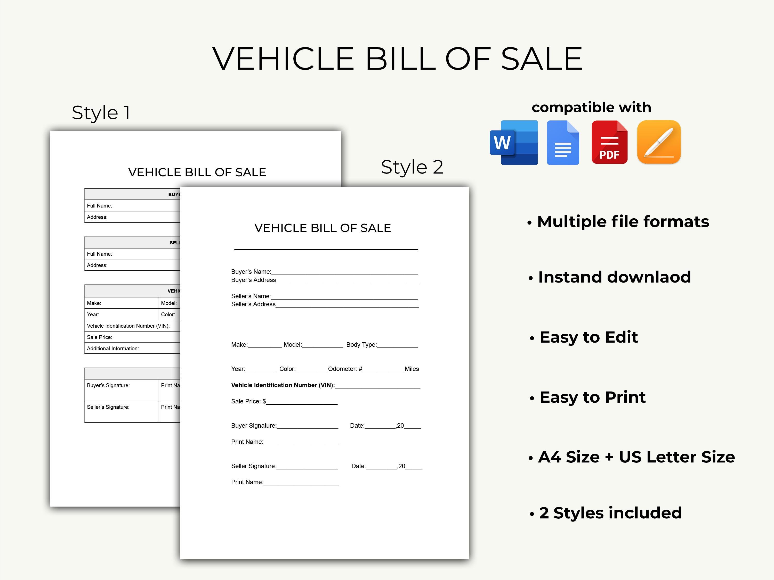 Vehicle Bill of Sale Printable. Car Sale Form. Motor Vehicle Sale ...