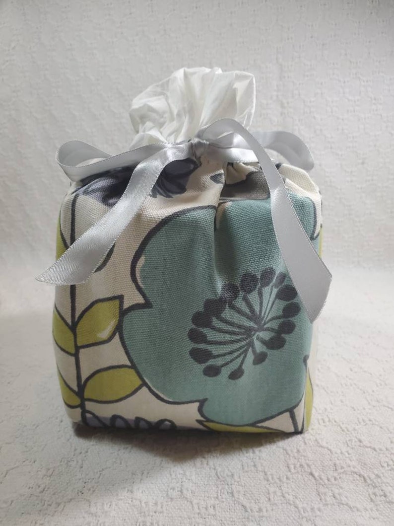 Fabric Tissue Box Cover Aqua Gray Flower Gray Feather - Etsy