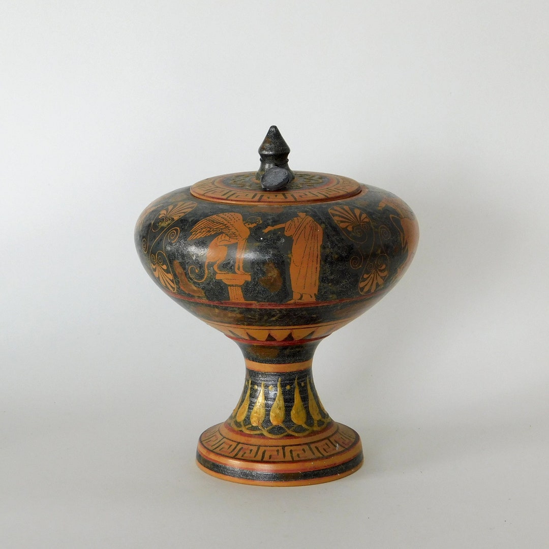Athenian Red Figured Ceramic Pyxis, Hand Painted Greek Vase / Oedipus ...