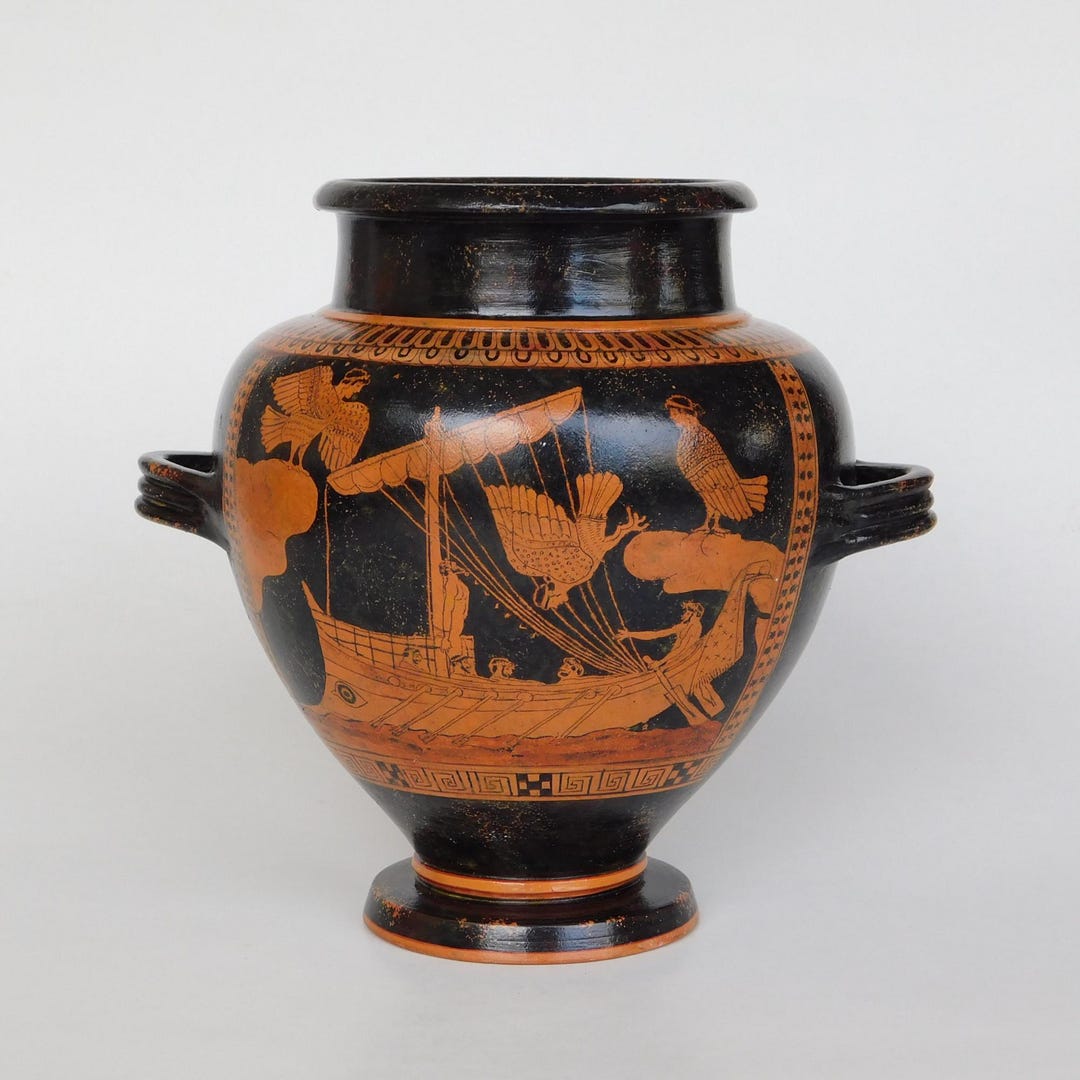 Red Figured Ceramic Stamnos - Odysseus With Sirens / Three Erotes ...