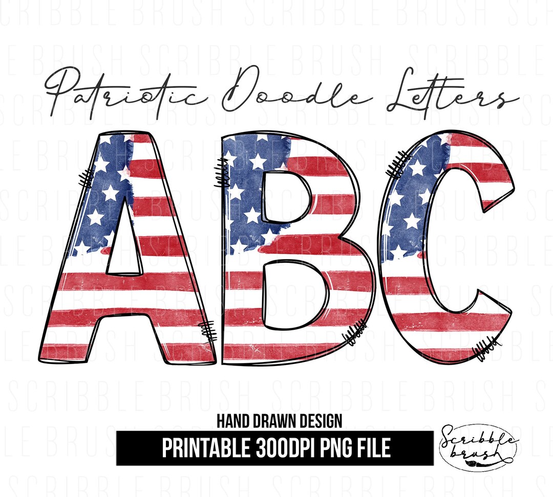 USA Flag Alphabet Letters PNG Bundle, Patriotic Flag Doodle Letters ...