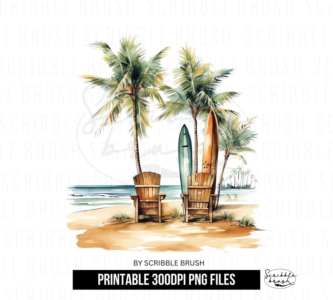 Watercolor Beach Scene PNG Clipart: Summer Sublimation Design (digital ...
