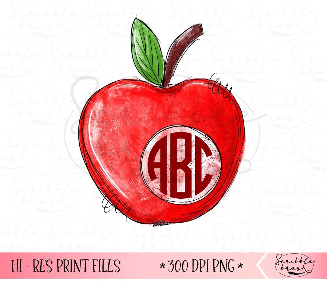 Red Apple Monogram Sublimation PNG, Hand Drawn Apple Printable PNG ...