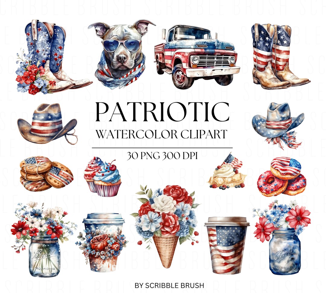 Watercolor 4th of July Clipart: Patriotic Floral Designs (PNG) - Etsy