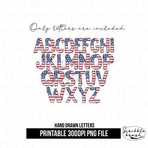 USA Flag Alphabet Letters PNG Bundle, Patriotic Flag Doodle Letters ...
