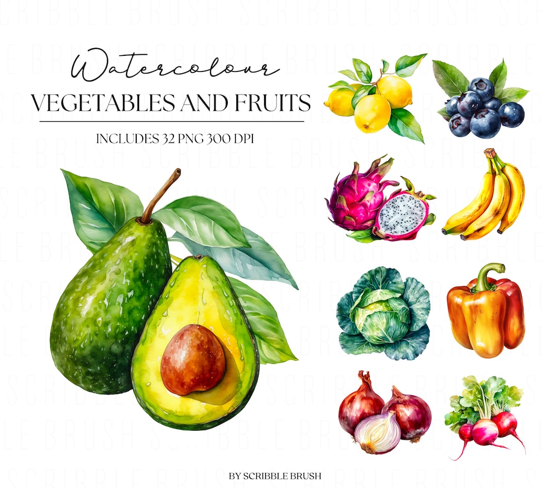 Watercolor Fruits & Vegetables Clipart PNG Bundle (digital Download) - Etsy