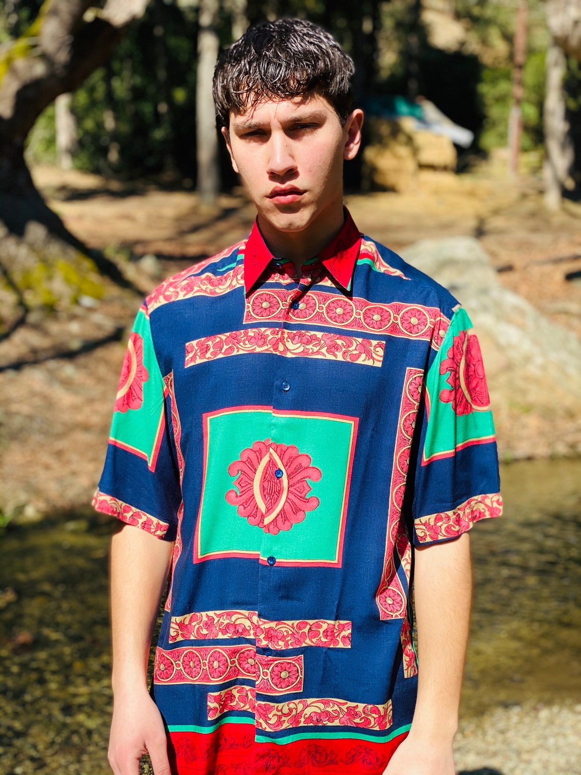 Vintage 90's Multicolor Meander Printed Shirt for Men Deadstock Size ...