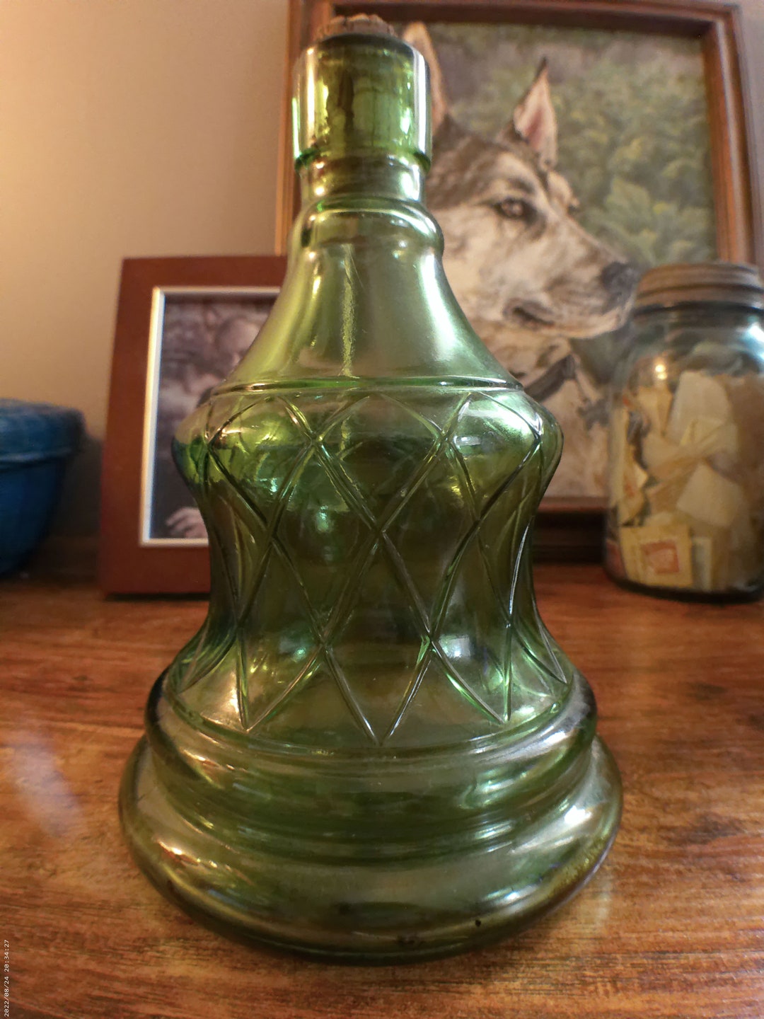 Vintage Green Bell Shape Glass Bottle - Etsy