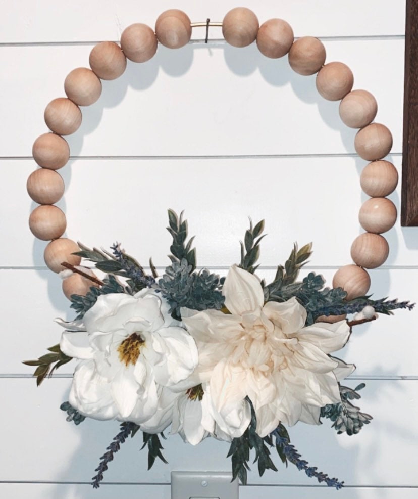 Wood Bead Wreath With Flowers, Hoop Wreath,wood Beads,boho Wedding ...