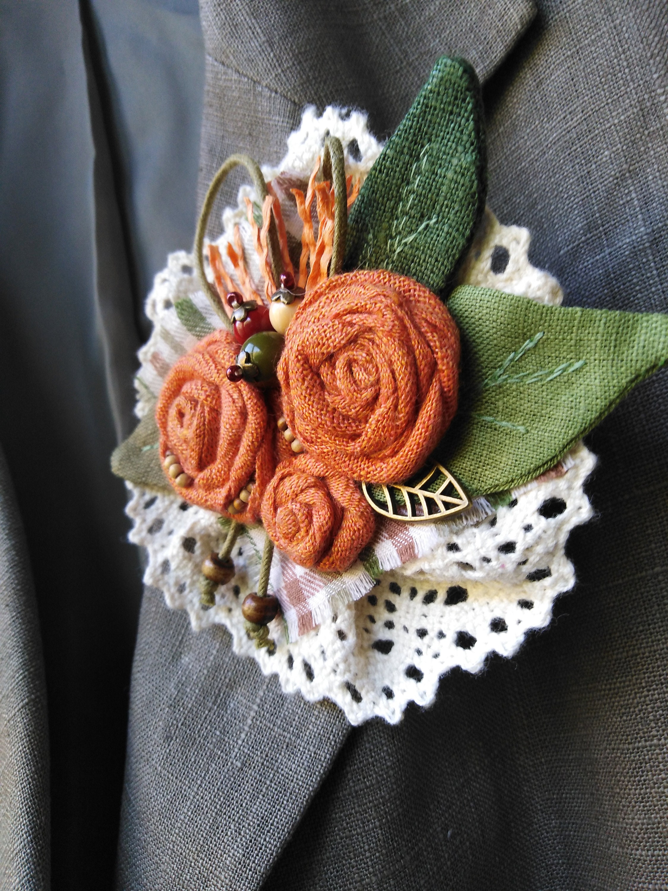Orange-green Brooch/textile Brooch/floral Brooch/rose Brooch/gift for ...