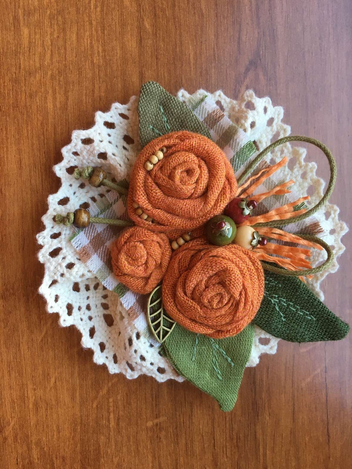 Orange-green Brooch/textile Brooch/floral Brooch/rose Brooch/gift for ...