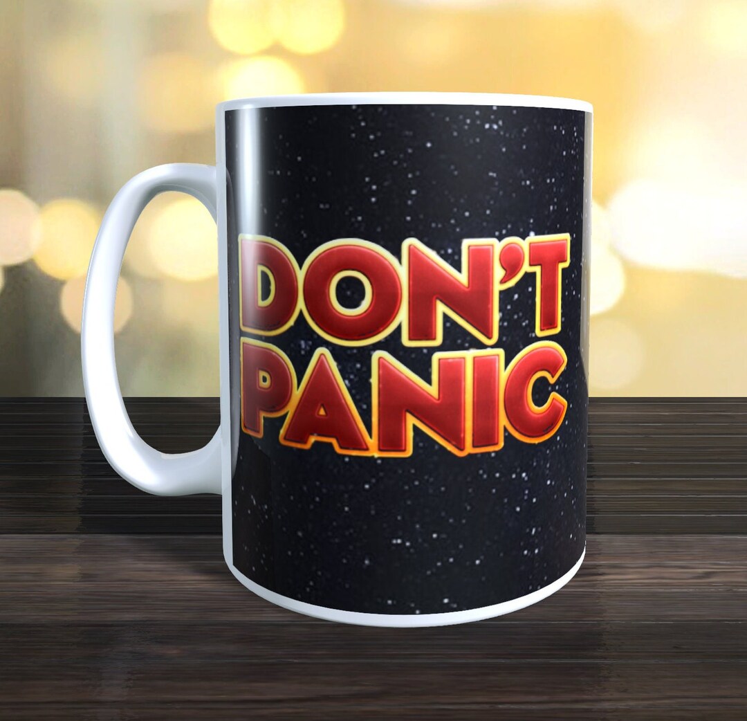 Don't Panic Mug, Hitchhikers Guide to the Galaxy. Retro TV, Comedy, Picture is on Both Sides ...