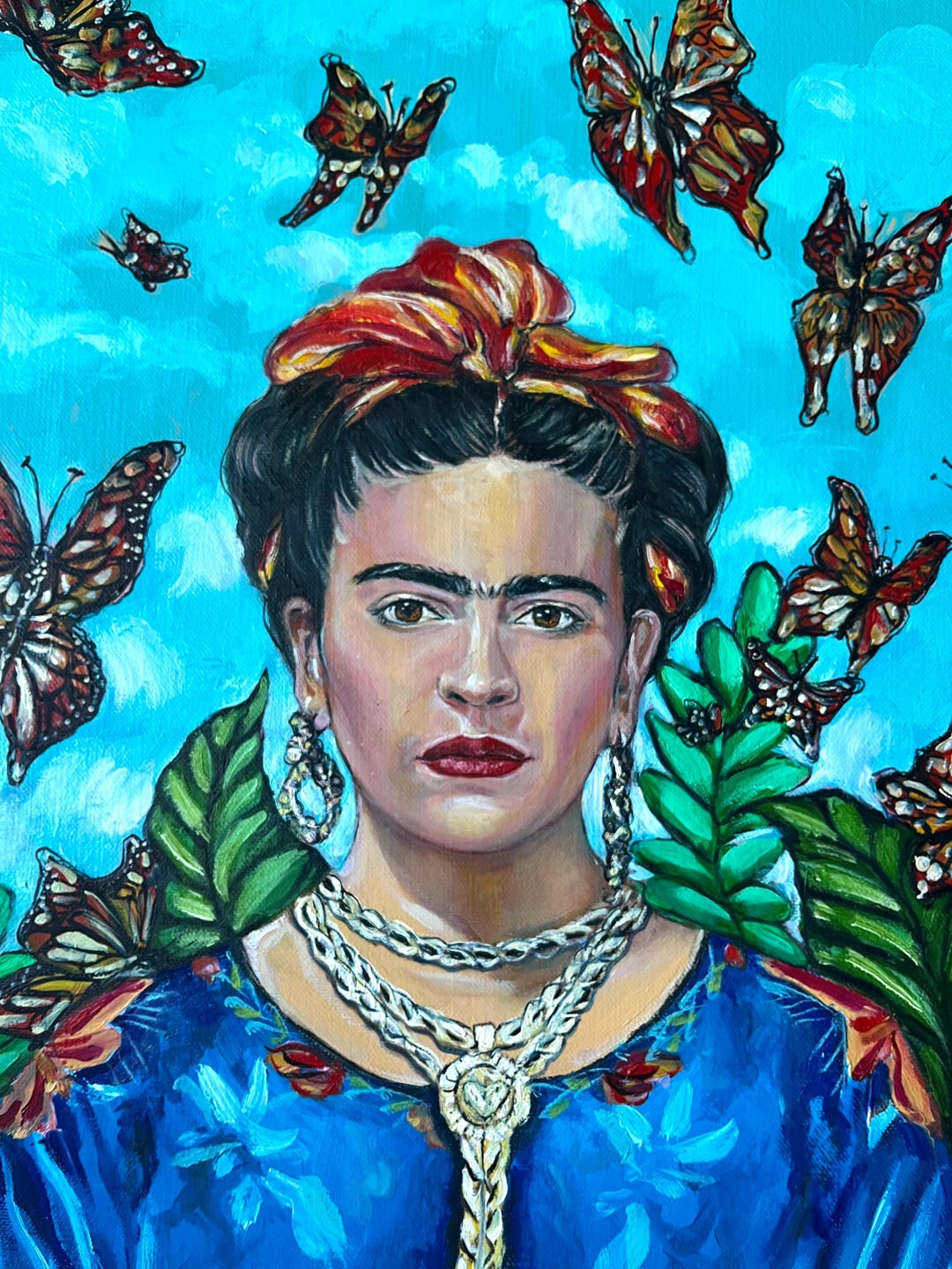 Frida Kahlo With Monarch Butterflies, Original Oil Painting, Canvas Art ...