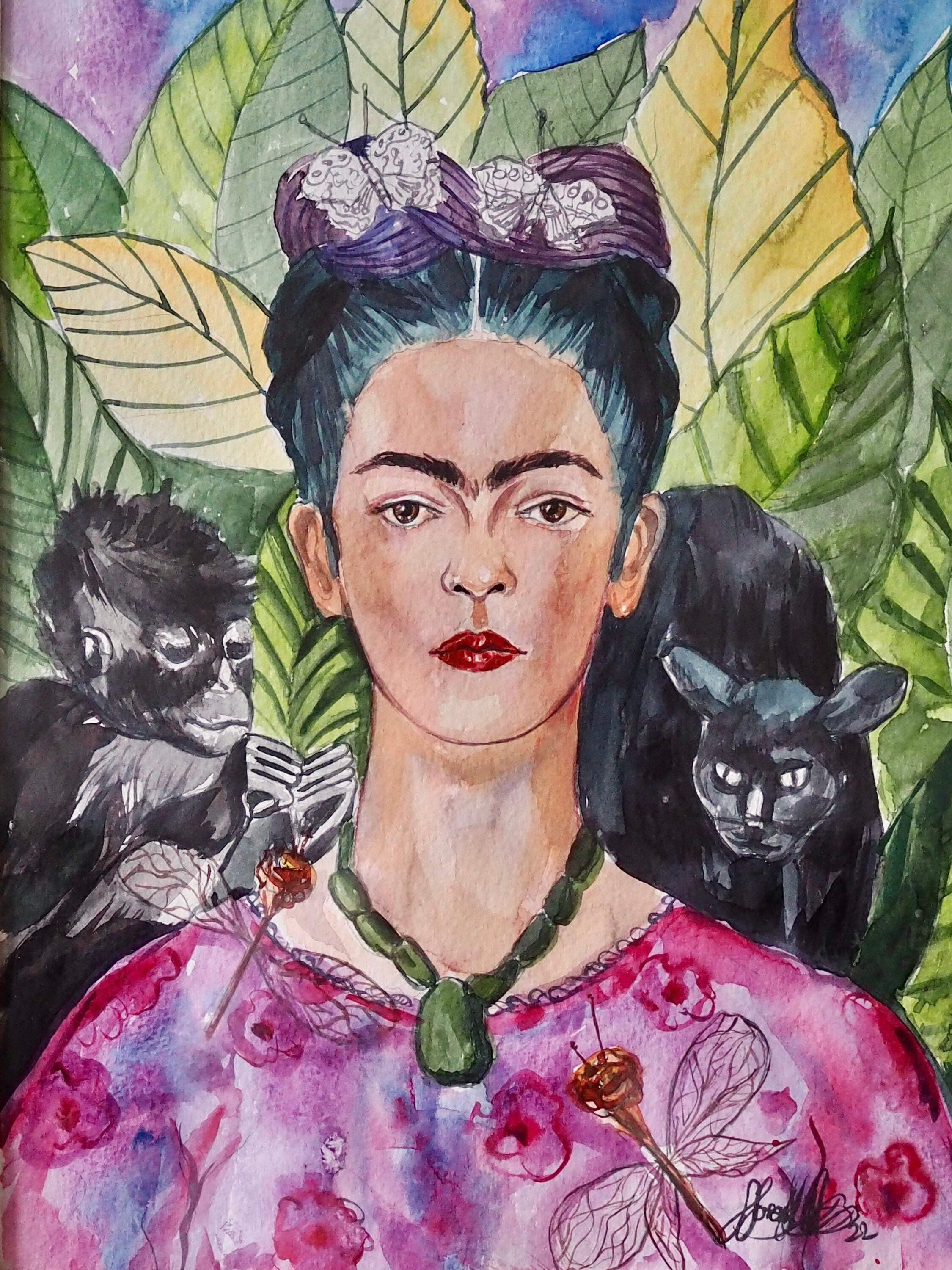 Frida KAHLO With Cat and Monkey Original Watercolor Painting - Etsy