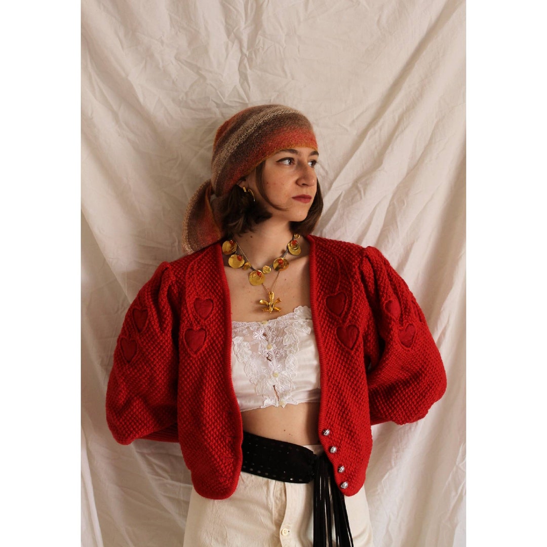 Red Vintage Knitted and Hand Embroidered Austrian Tracht Sweater With ...