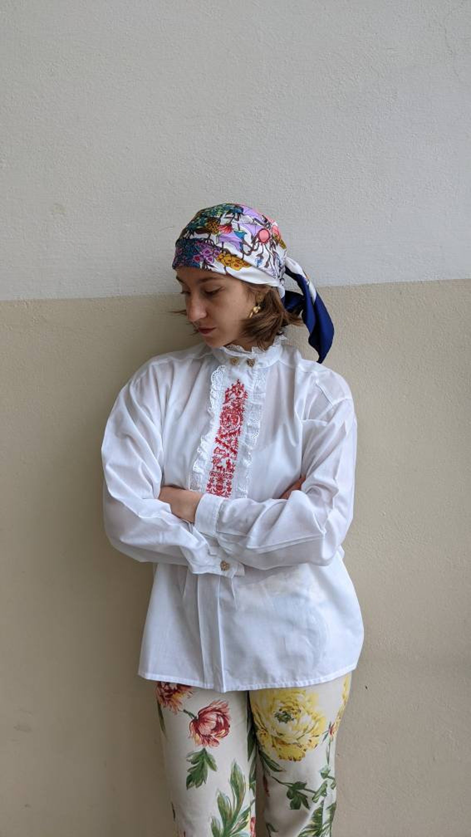 Vintage Austrian Tracht Blouse With Scenic Embroidery and Lace Ruffle ...