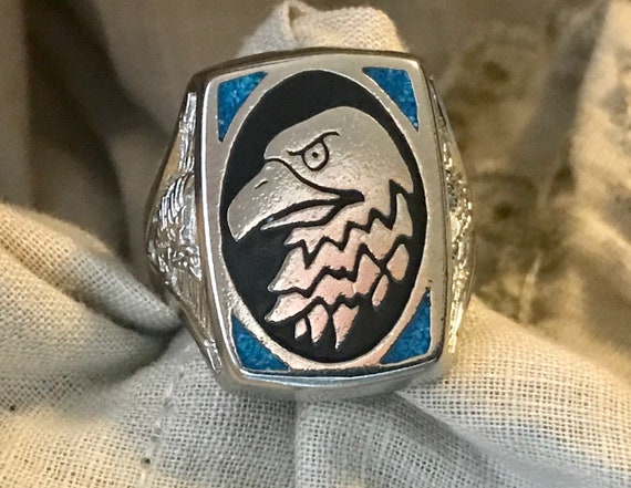 Silver Eagle Head Ring w Turquoise Inlay - Gem