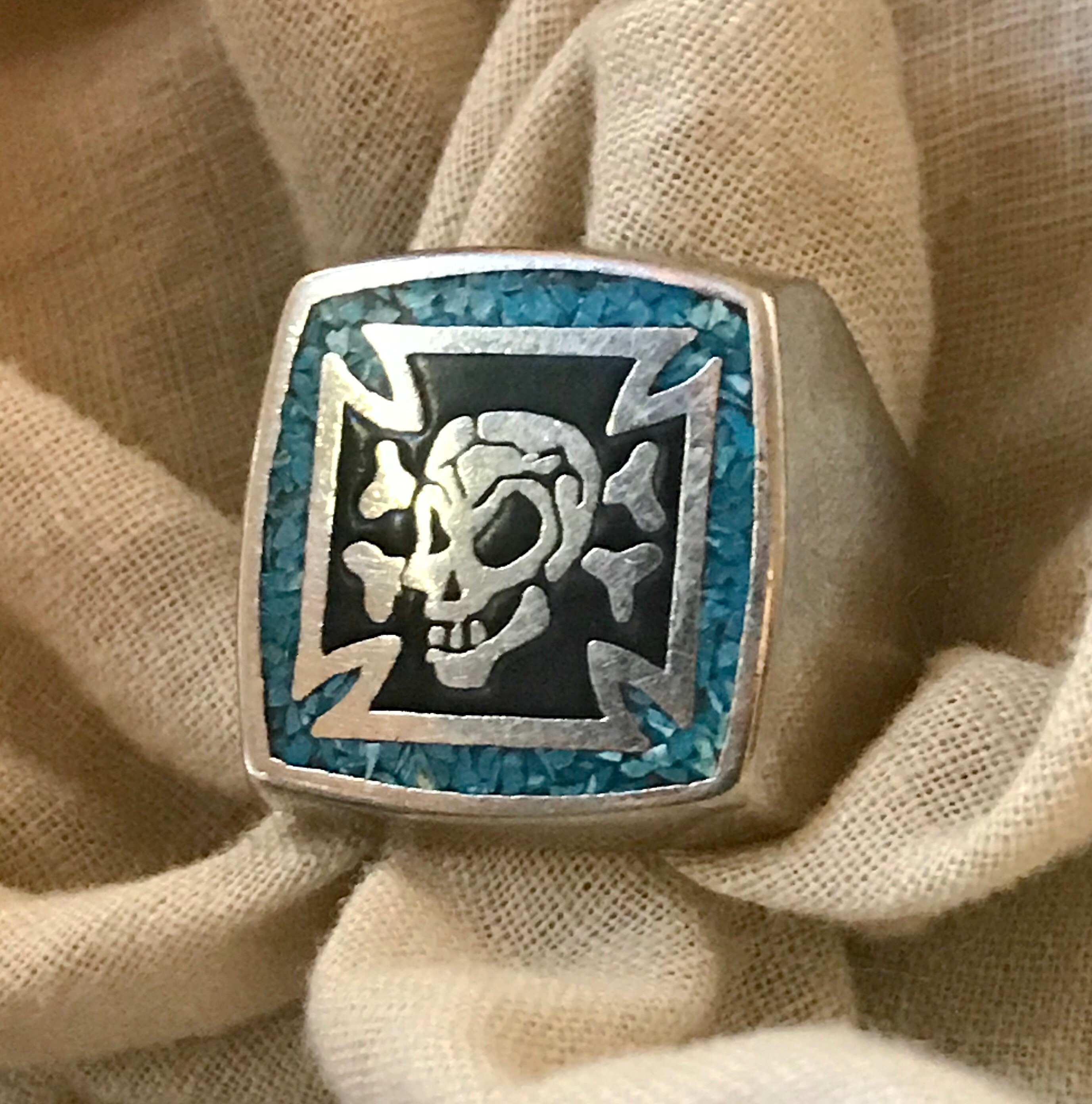 Skull and Crossbones Ring W/ Turquoise - Etsy