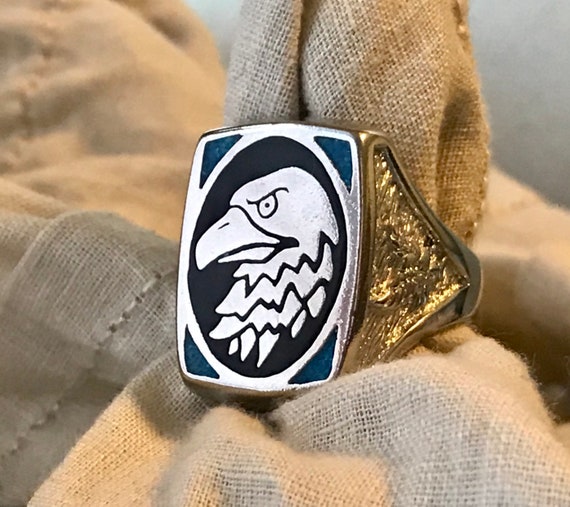 Silver Eagle Head Ring w Turquoise Inlay - Gem