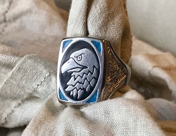 Silver Eagle Head Ring w Turquoise Inlay - Gem